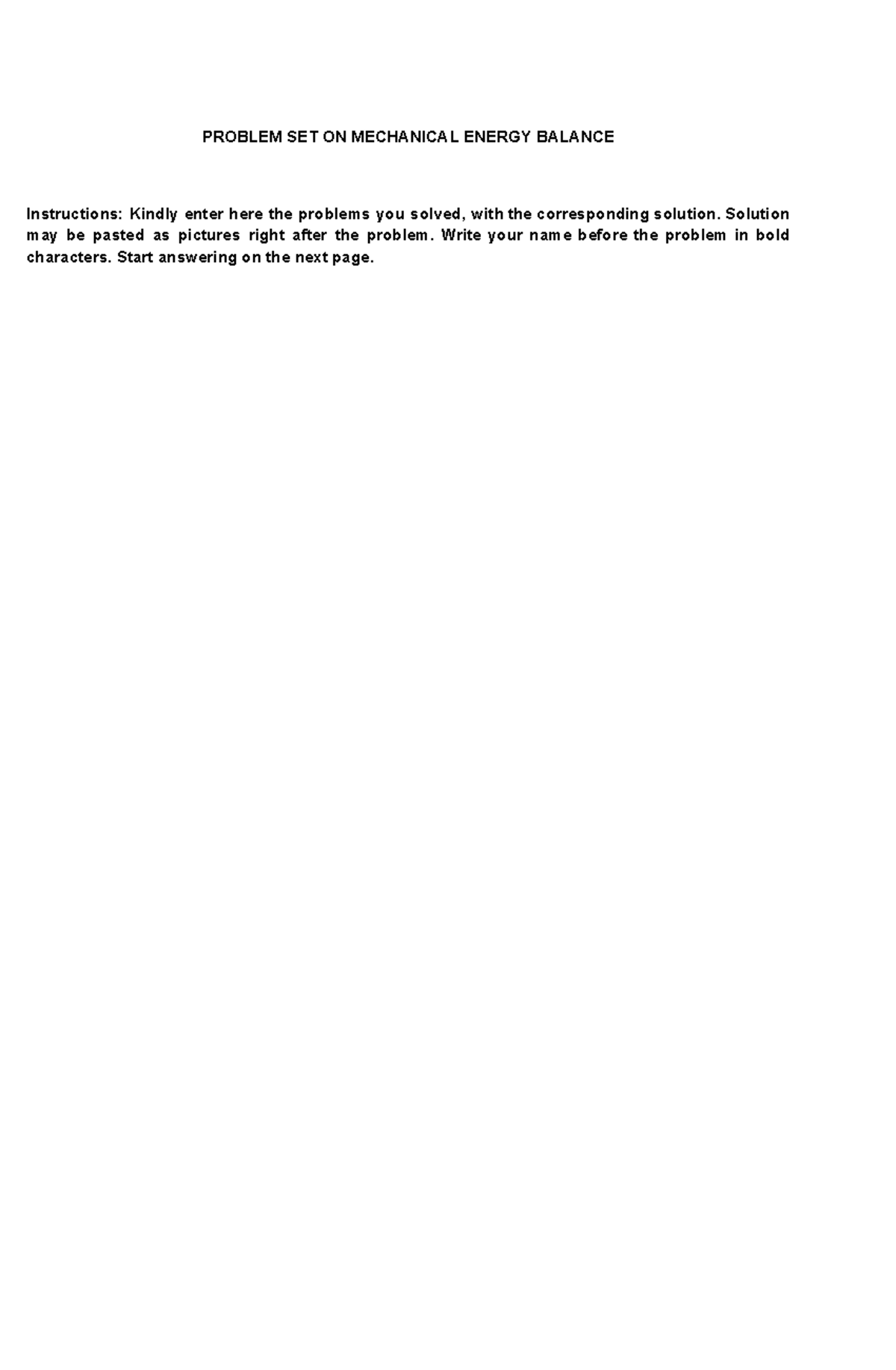 Problem SET ON Mechanical Energy Balance - PROBLEM SET ON MECHANICAL ...