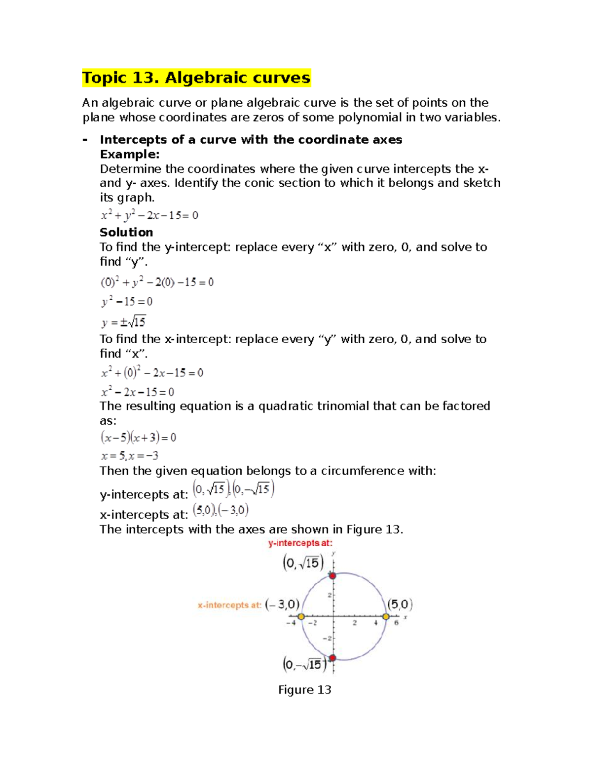Notes-Summary from Chapter 13 Algebraic Curves - Topic 13. Algebraic ...