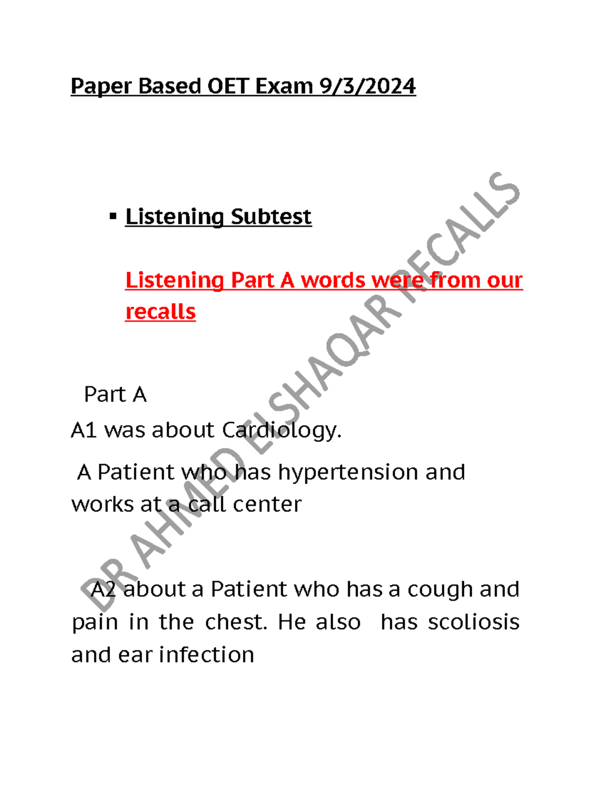 Dr Ahmed Elshaqar Recalls 932024 - Paper Based OET Exam 9/3 ...