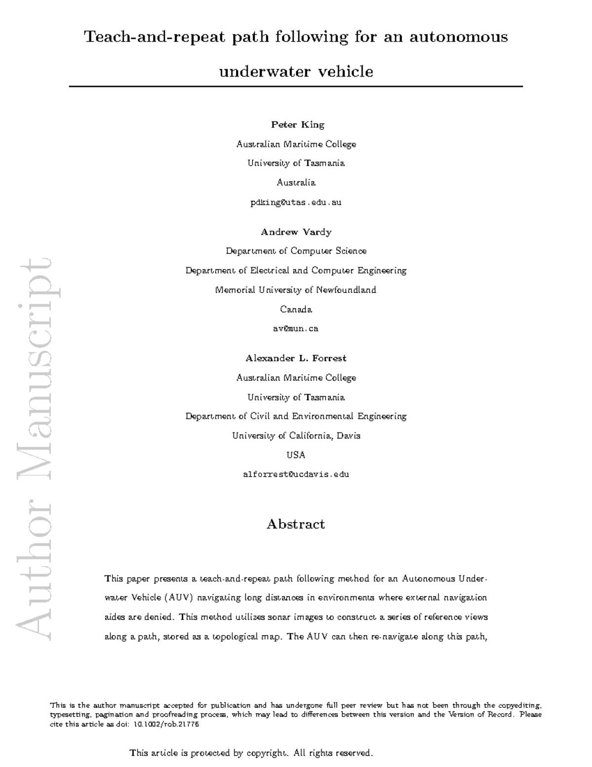 Rob -ftghj - Author Manuscript Teach-and-repeat path following for an ...