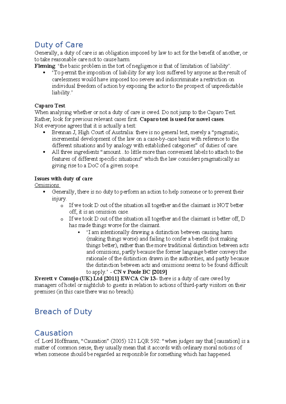 Tort essay plans - Duty of Care Generally, a duty of care is an ...