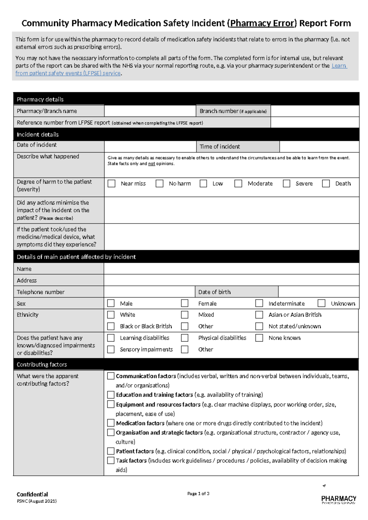 Medication Safety Incident Report Form Pharmacy Error e Form Aug 2021 ...