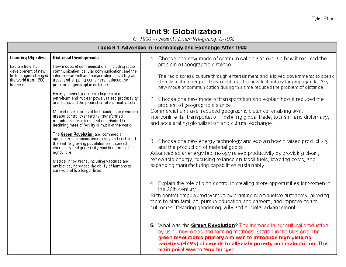 Unit9Study Guide - Unit 9: Globalization C. 1900 - Present / Exam ...