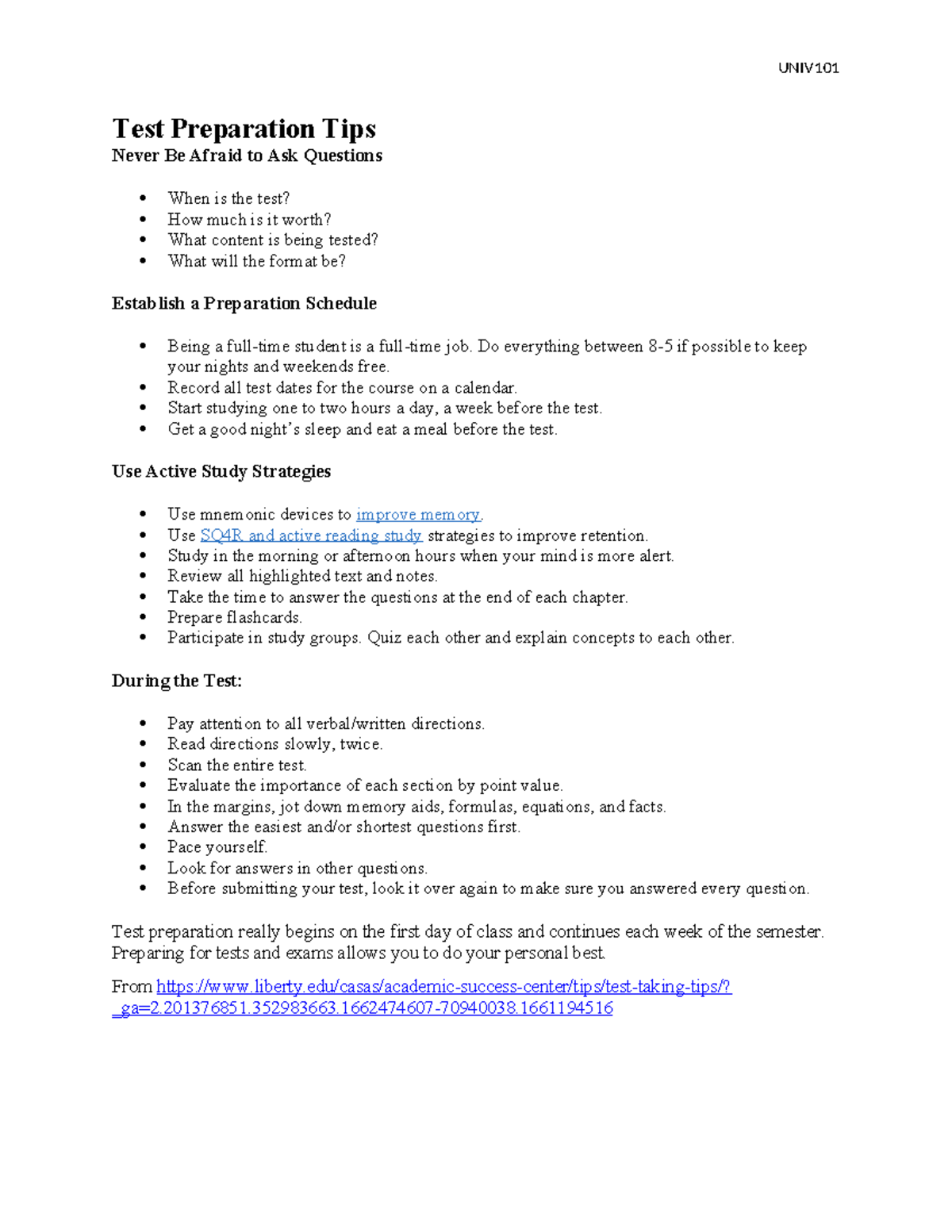 Test Preparation Tips UNIV101 - UNIV Test Preparation Tips Never Be ...