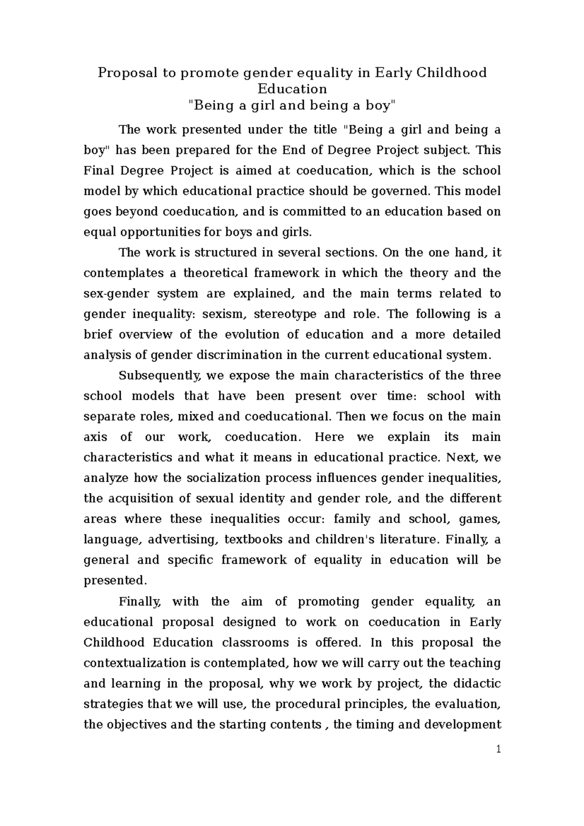 Proposal to promote gender equality in Early Childhood Education - This ...