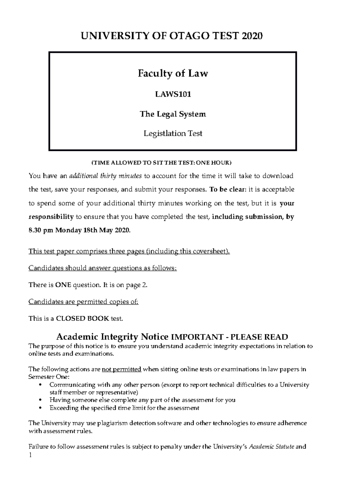 LAWS101 - Legislation Test 2020 - UNIVERSITY OF OTAGO TEST 2020 Faculty ...