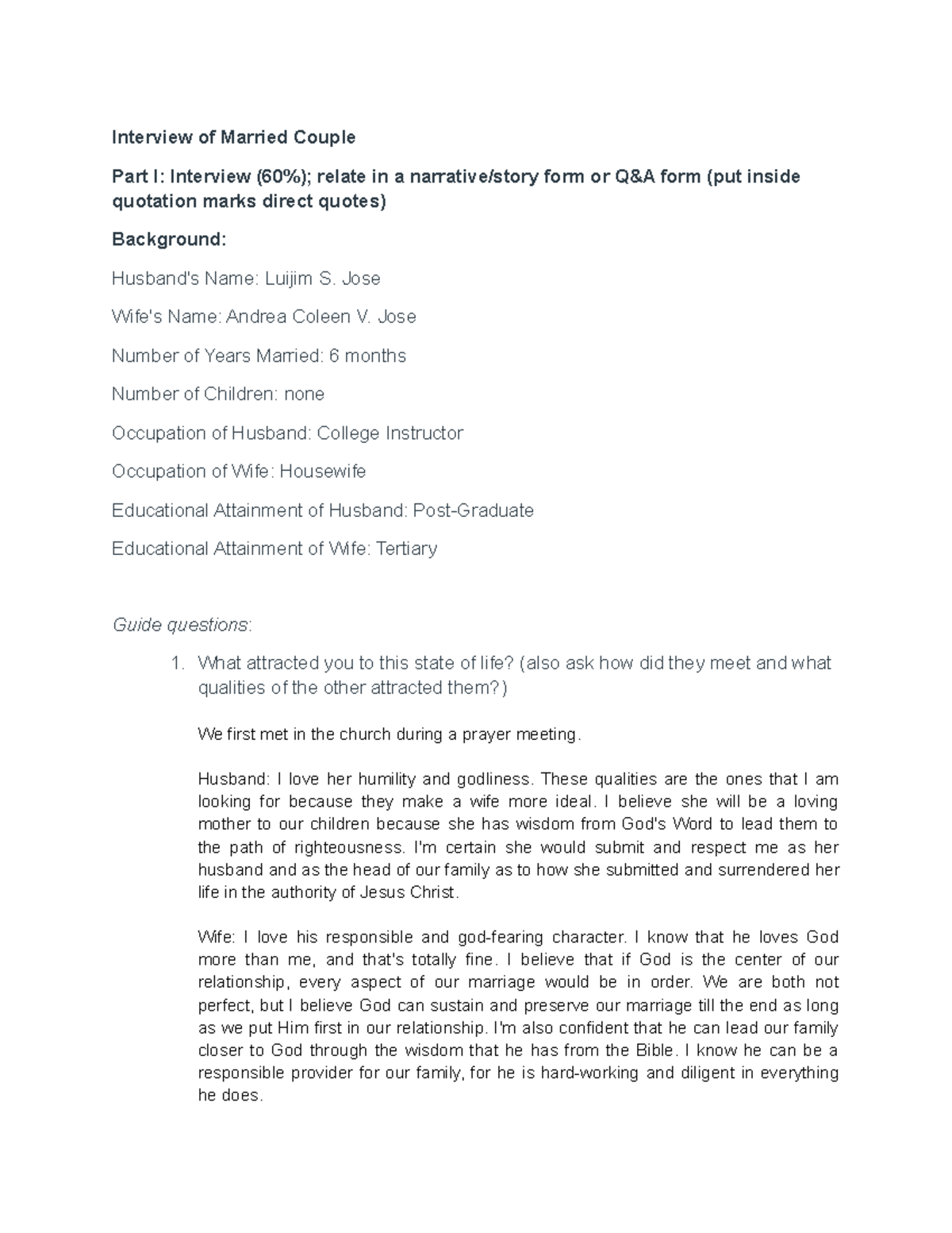 Accomplished Interview-of-Married-Couples-and-Reflection - Interview of ...