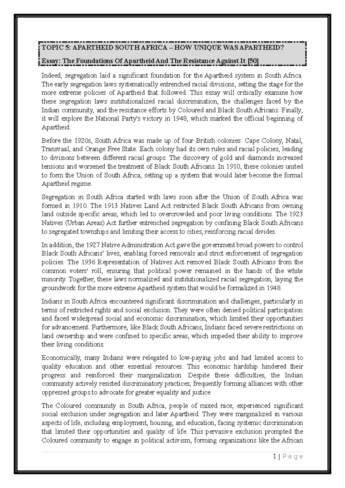Topic 5 Apartheid South Africa Essay 1 Grade 11 - TOPIC 5: APARTHEID ...