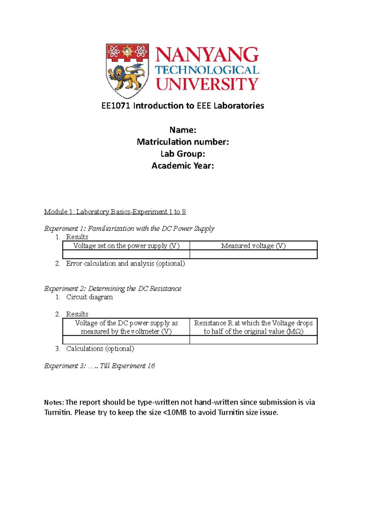 EE1071 Format - EE1071 Introduction to EEE Laboratories Name ...