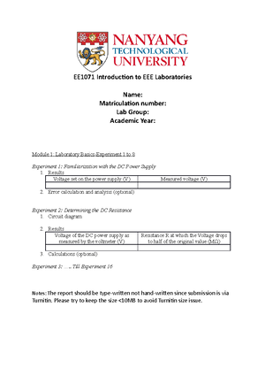 EE1071 Final Report Content - EE1071 Introduction to EEE Laboratories Name: Shah Maanya - Studocu