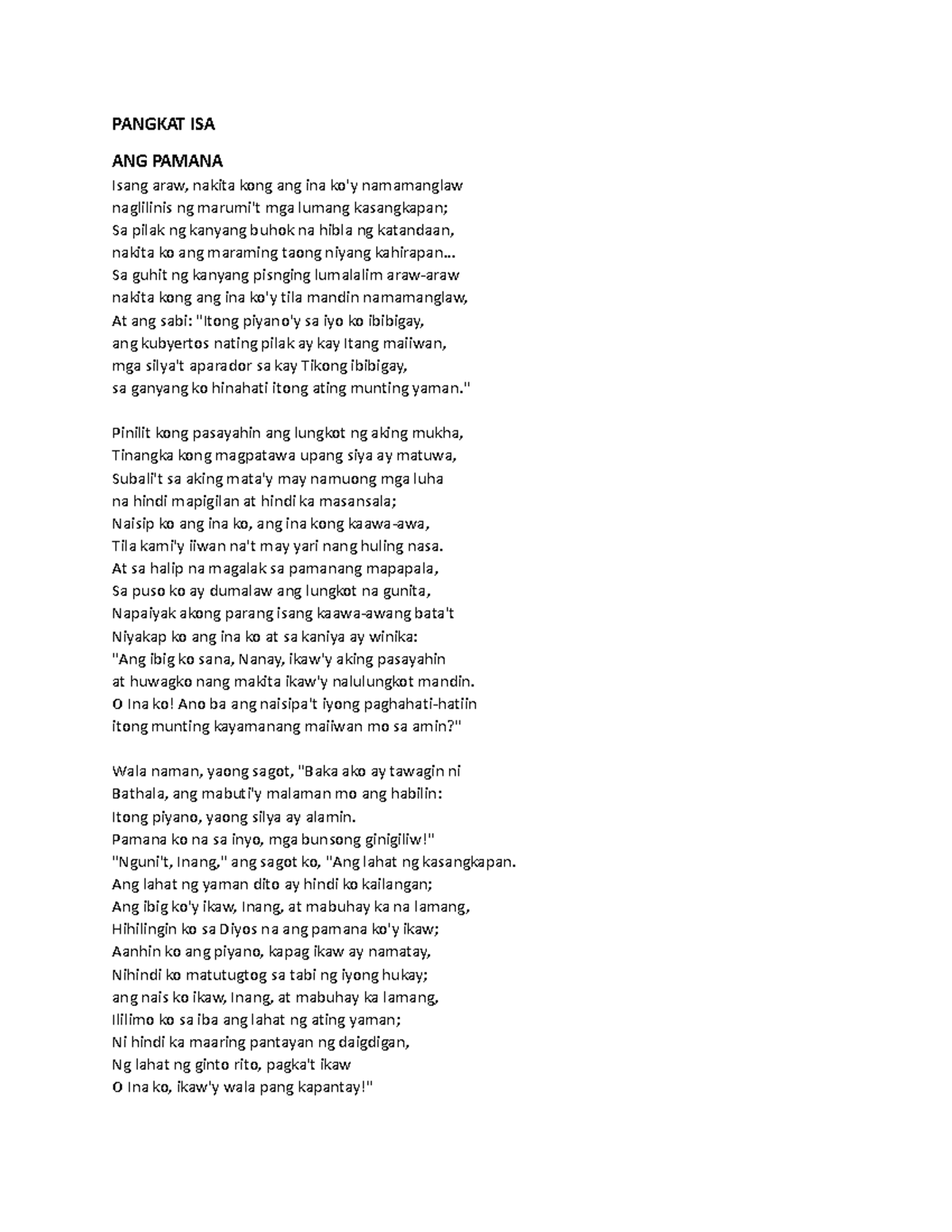 Pangkatang Gawain - PANGKAT ISA ANG PAMANA Isang araw, nakita kong ang ...