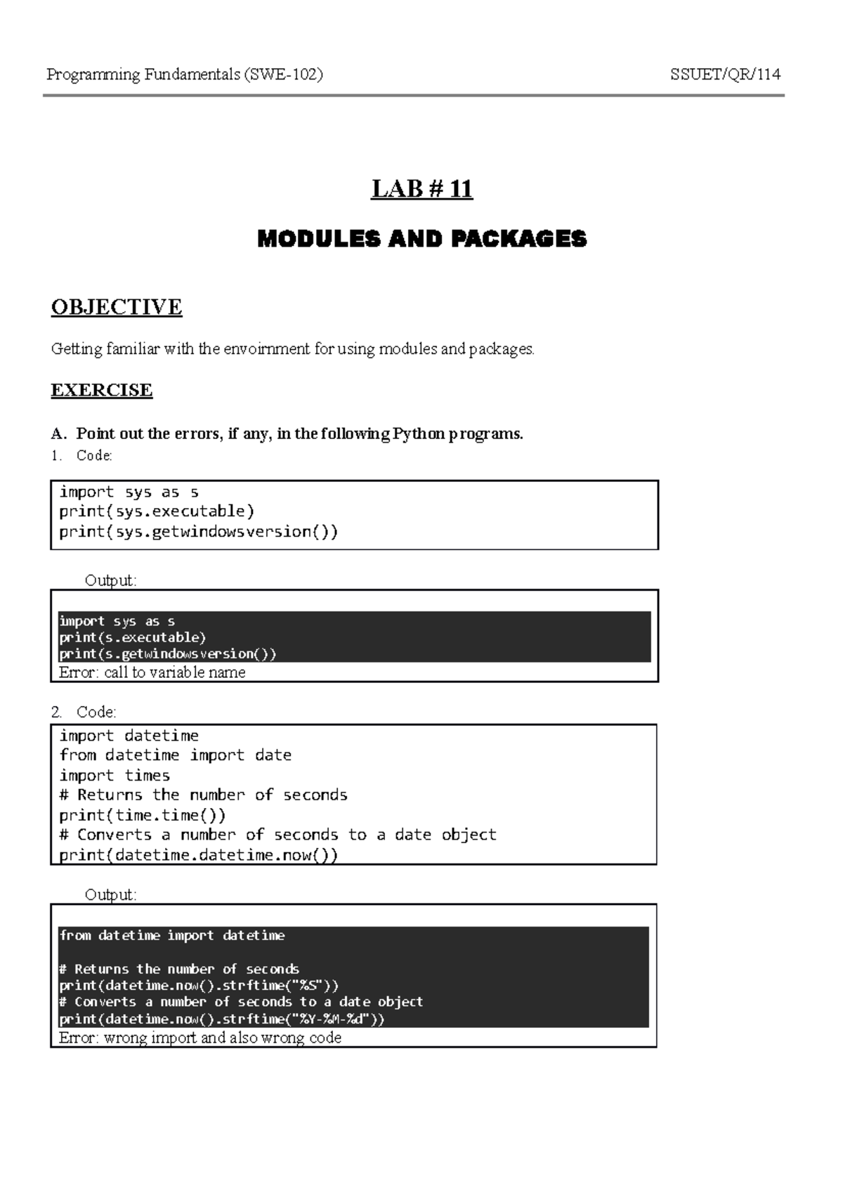 Swe 102 Lab 11 Hey Programming Fundamentals Swe 102 Ssuet Qr Lab 11 Modules And