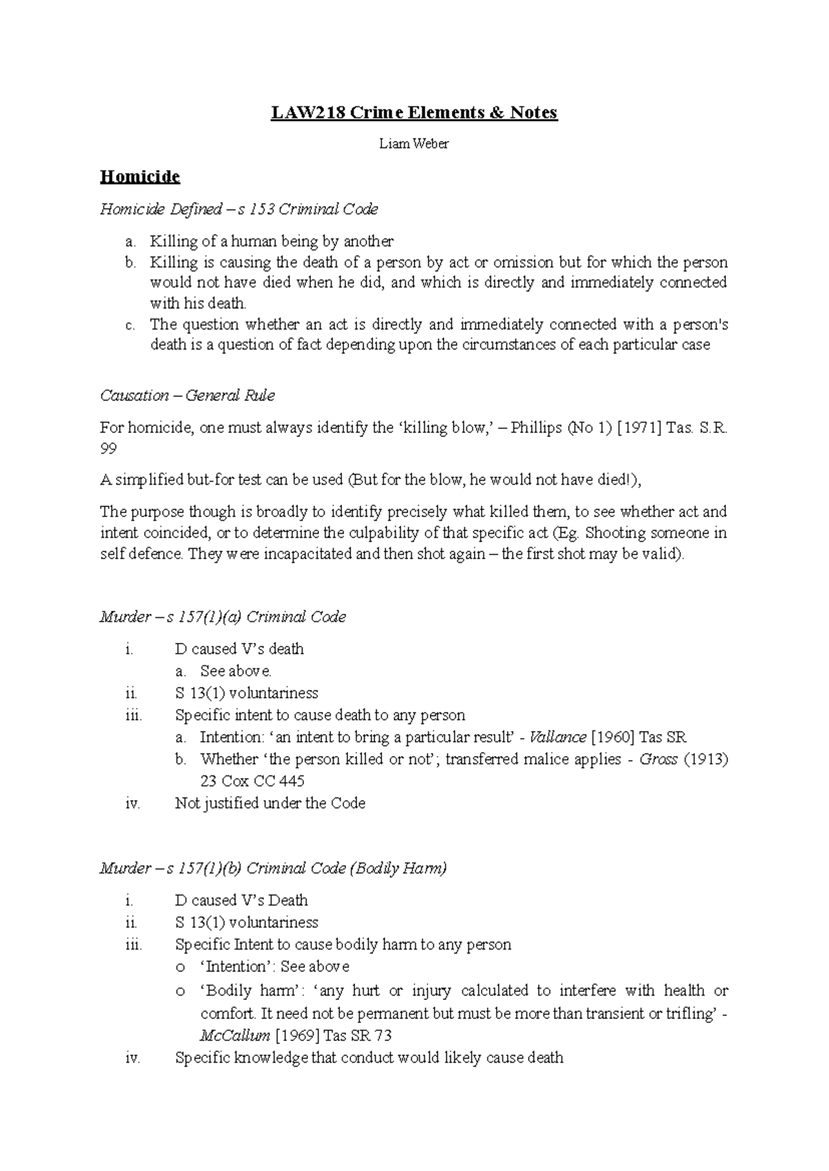 LAW218 Notes and Elements - LAW218 Crime Elements & Notes Liam Weber ...