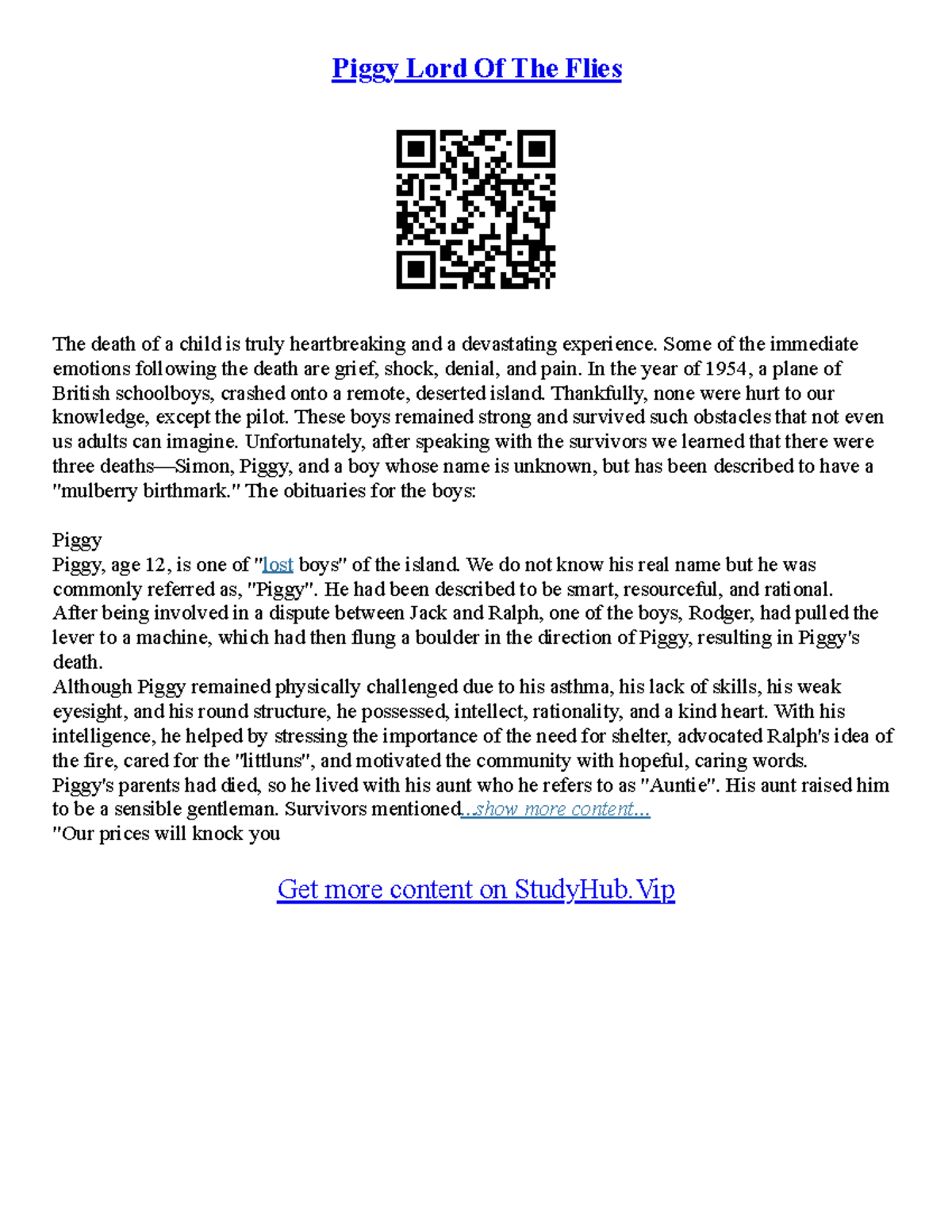 Lord Of The Flies Piggy Essay - Piggy Lord Of The Flies The death of a ...