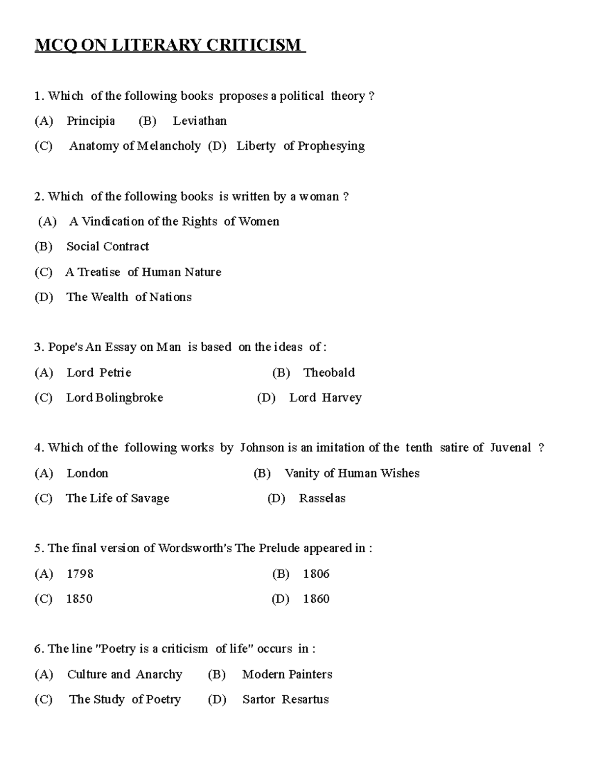 Literary criticism - MCQ ON LITERARY CRITICISM Which of the following ...