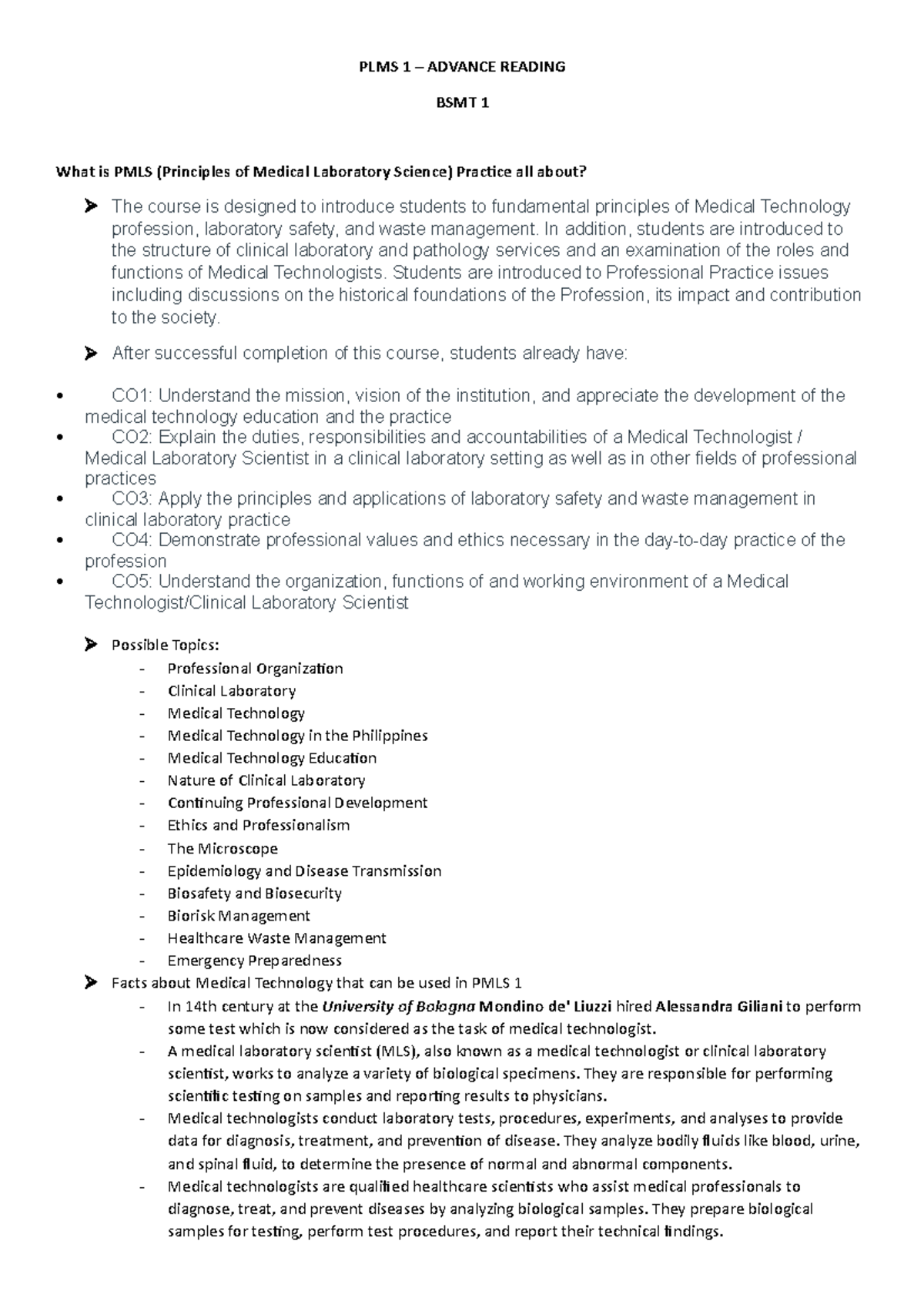 PLMS 1 - This is a summary of a lesson that we had about the course ...