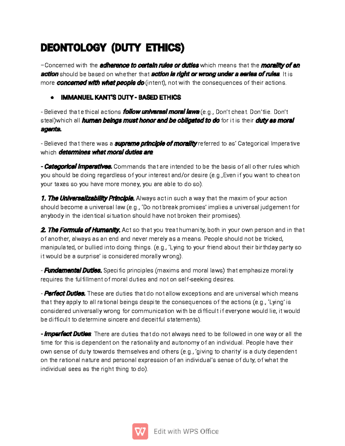 Deontology - DEONTOLOGY (DUTY ETHICS) –Concerned with theadherence to ...