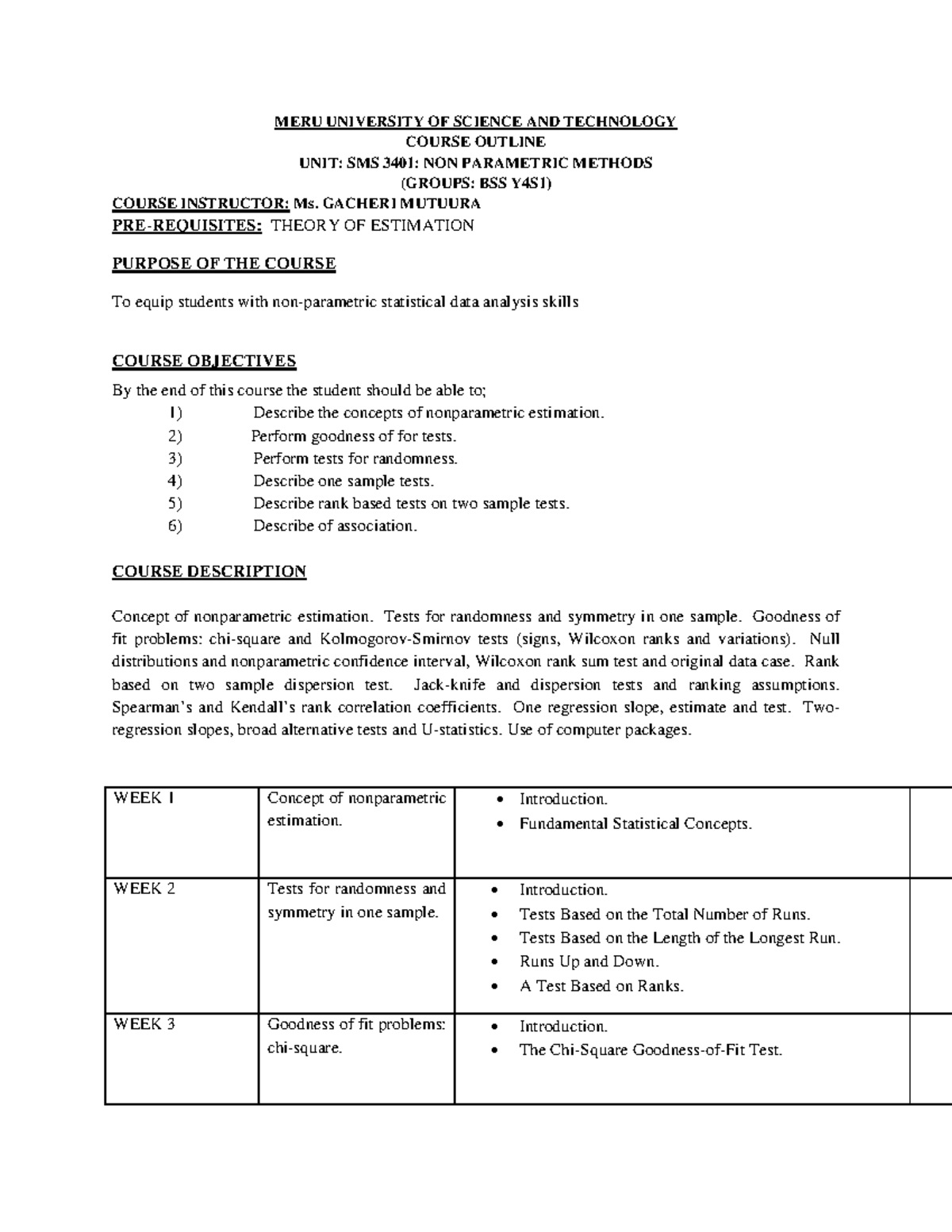 NON Parametric Methods Course Outline PDF - MERU UNIVERSITY OF SCIENCE ...