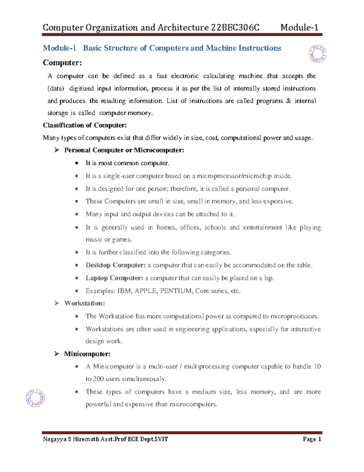 Notes Module 1 CO&A 22BEC306C - Module- 1 Basic Structure of Computers ...