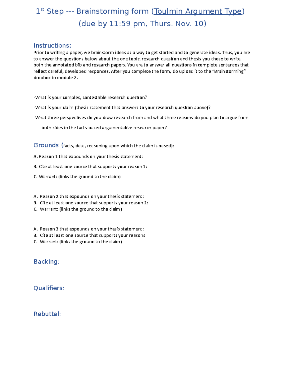 Toulmin Argument Type Brainstorming Form - 1 st Step - Brainstorming ...