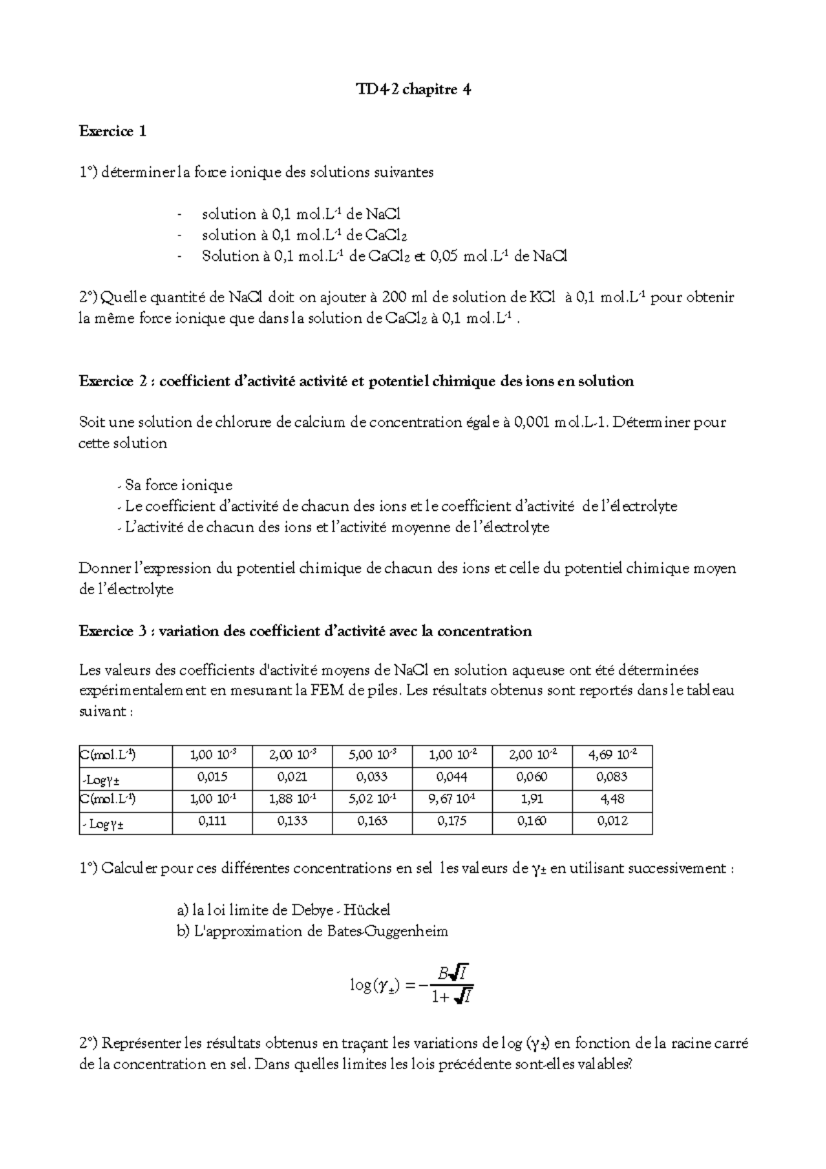 TD4-2 Chapitre 4 - fff - TD4-2 chapitre 4 Exercice 1 1°) déterminer la force ionique des ...