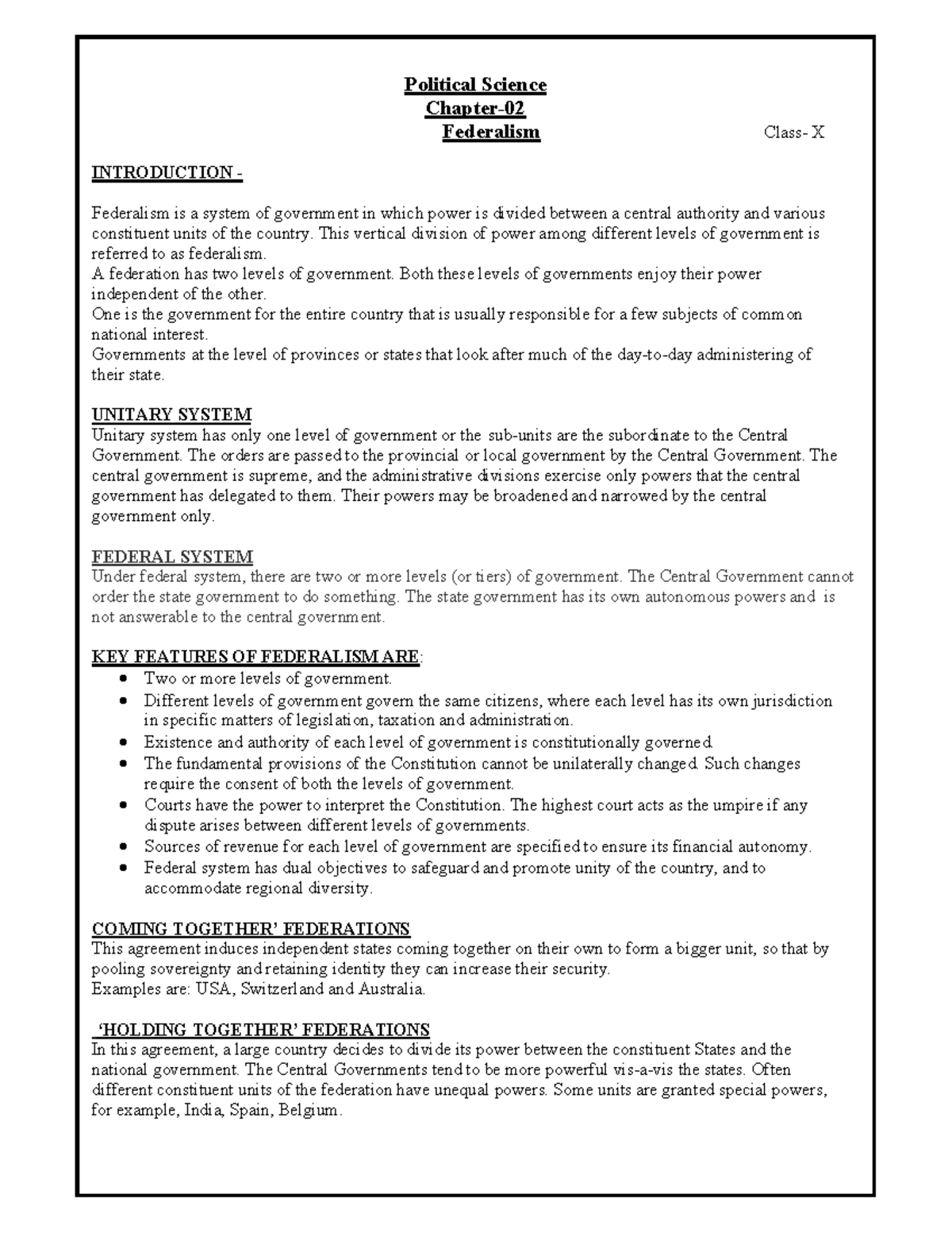 1657724465607 X Federalism Notes - Political Science Chapter ...