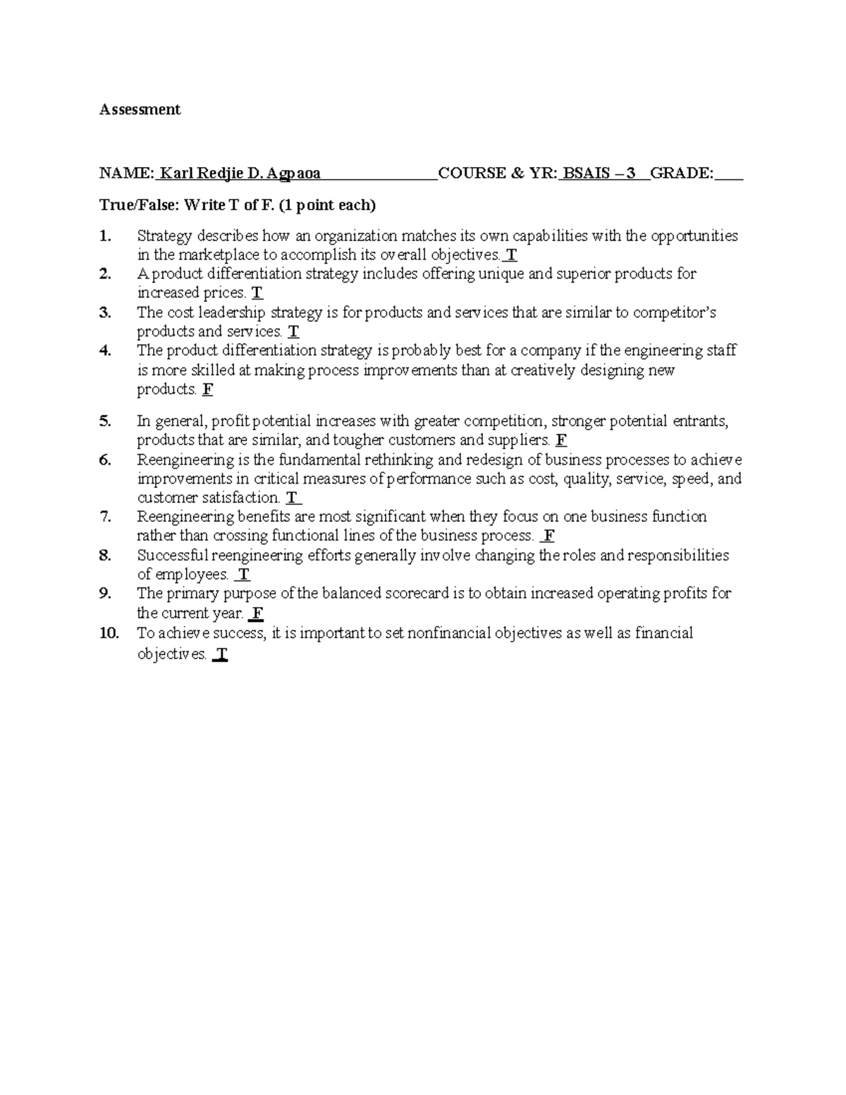 Module 4 Activity Answer - Assessment NAME: Karl Redjie D. Agpaoa ...