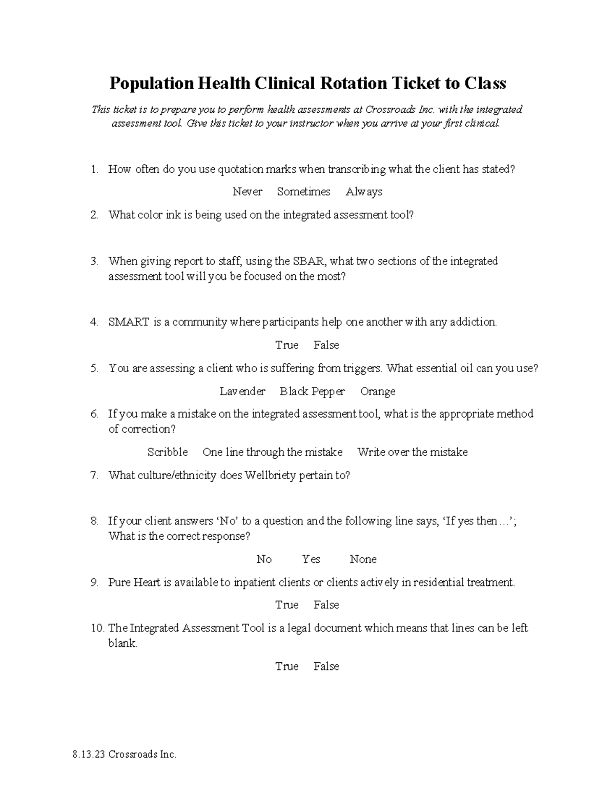 Ticket to Class - Population Health Clinical Rotation Ticket to Class ...