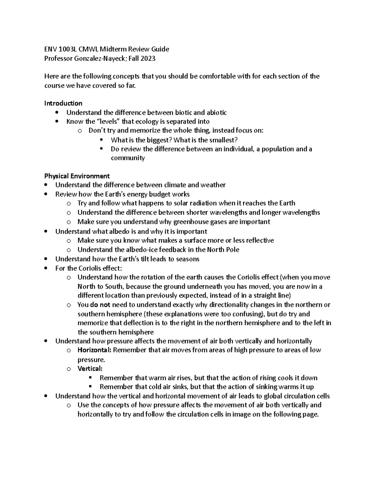 ENV 1003L Midterm Review Guide - ENV 1003L CMWL Midterm Review Guide Professor Gonzalez-Nayeck ...