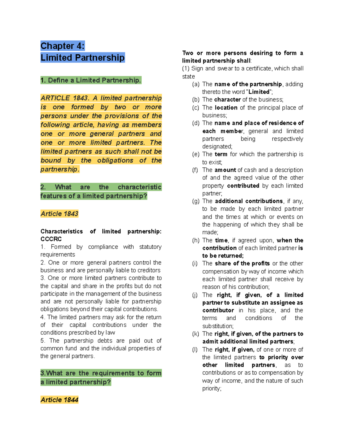 Limited Partnership - Notes - Chapter 4: Limited Partnership 1. Define ...