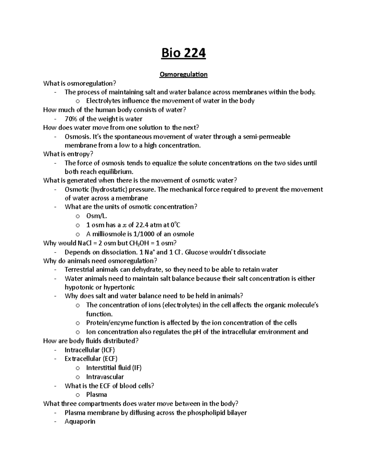 Biology 224 Notes - Bio 224 Osmoregulation What is osmoregulation? The ...