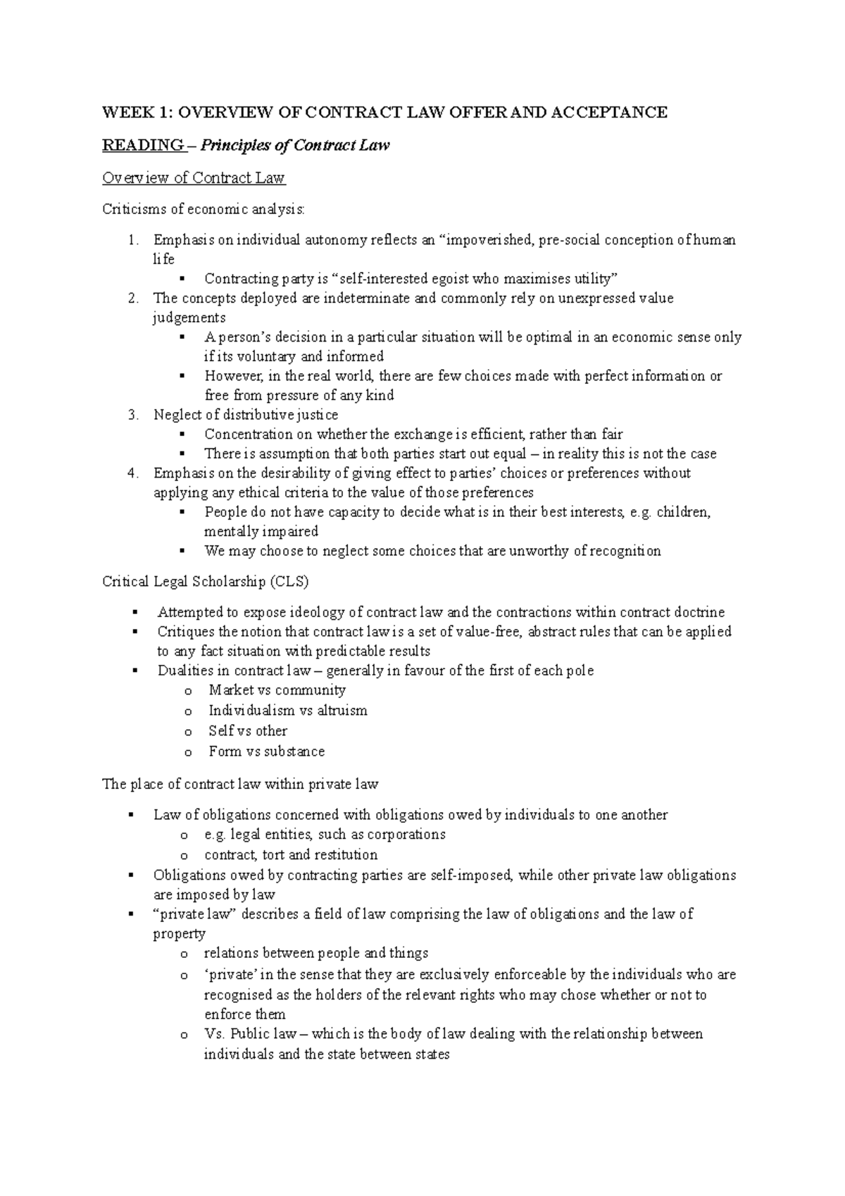 WEEK 1 - Overview of contract law, offer and acceptance - WEEK 1 ...