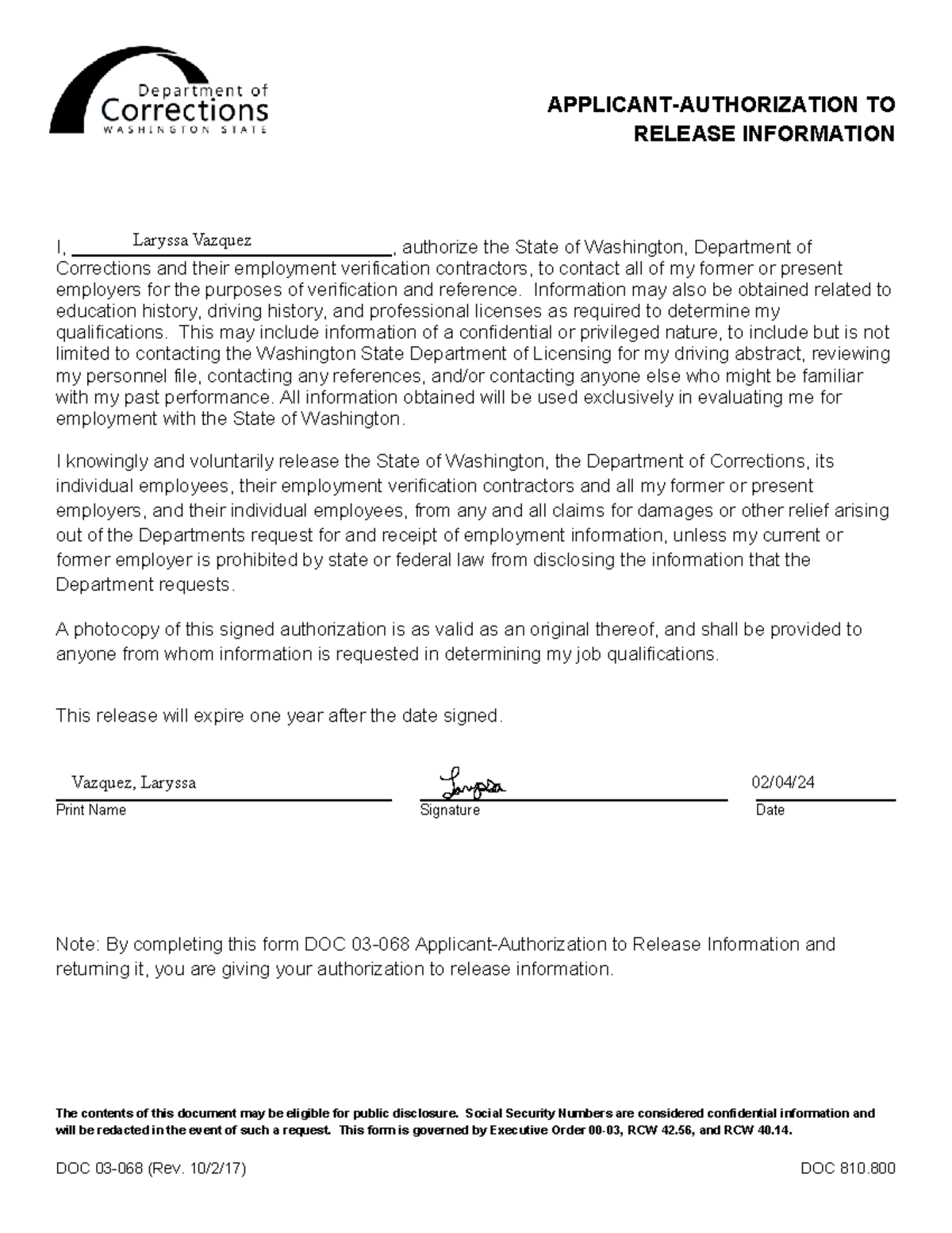 03-068 Authorization to Release Information - APPLICANT-AUTHORIZATION ...