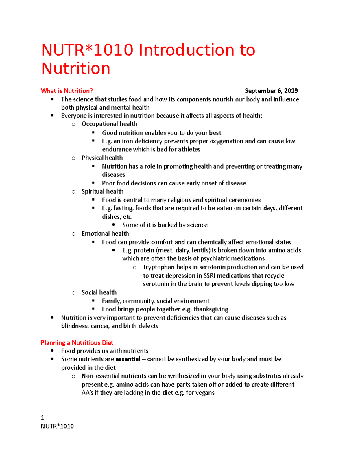 NUTR1010-premidterm-notes - NUTR*1010 Introduction to Nutrition What is ...