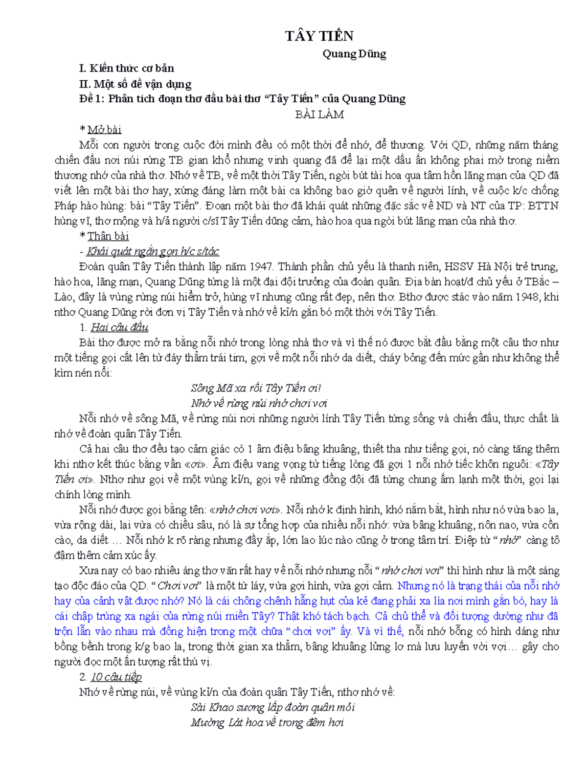 TAY-TIEN- Qdung - dat nuoc - TÂY TIẾN Quang Dũng I. Kiến thức cơ bản II. Một số đề vận dụng Đề 1 ...