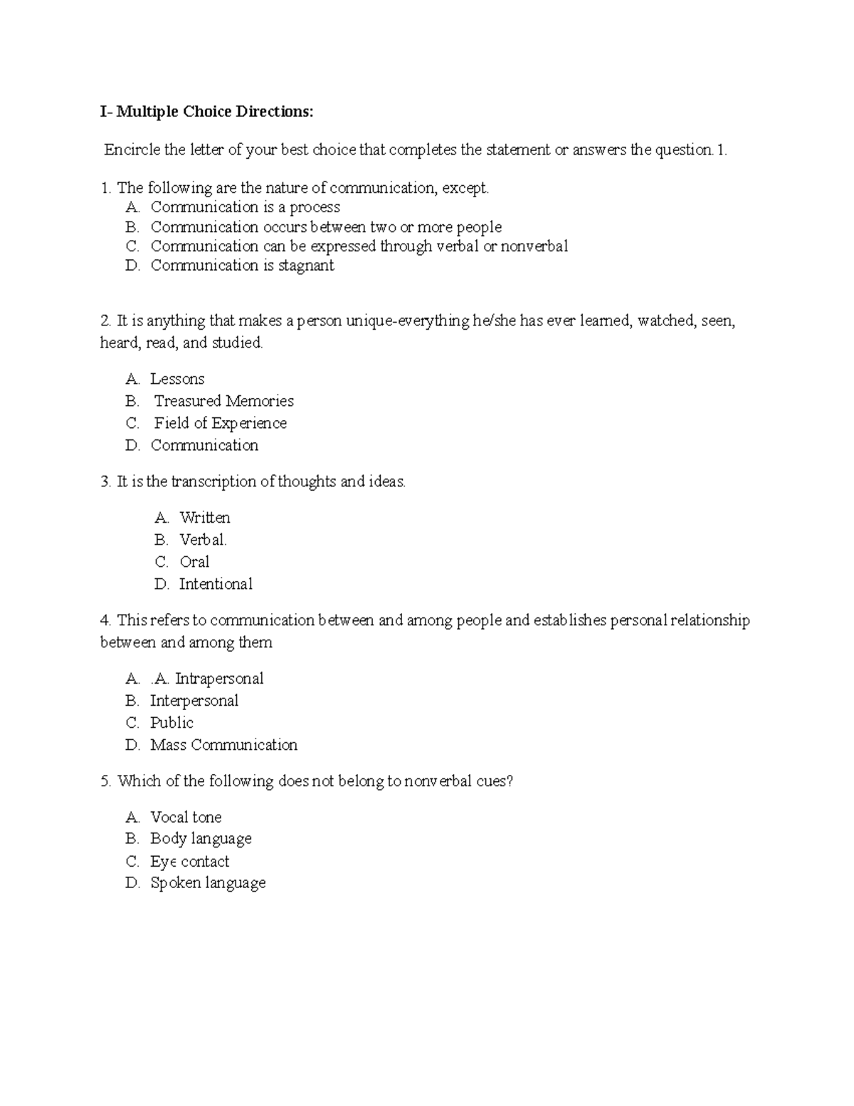 First written output - I- Multiple Choice Directions: Encircle the ...