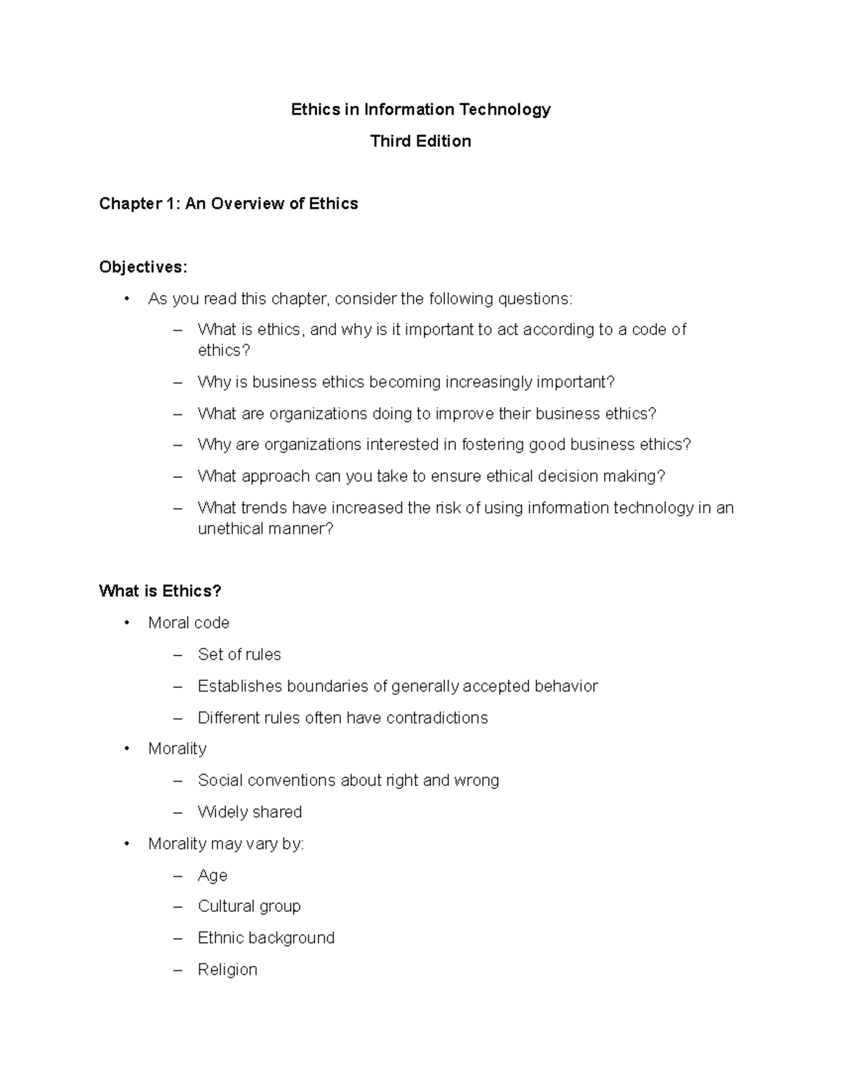 An overview of ethics objectives - Ethics in Information Technology ...