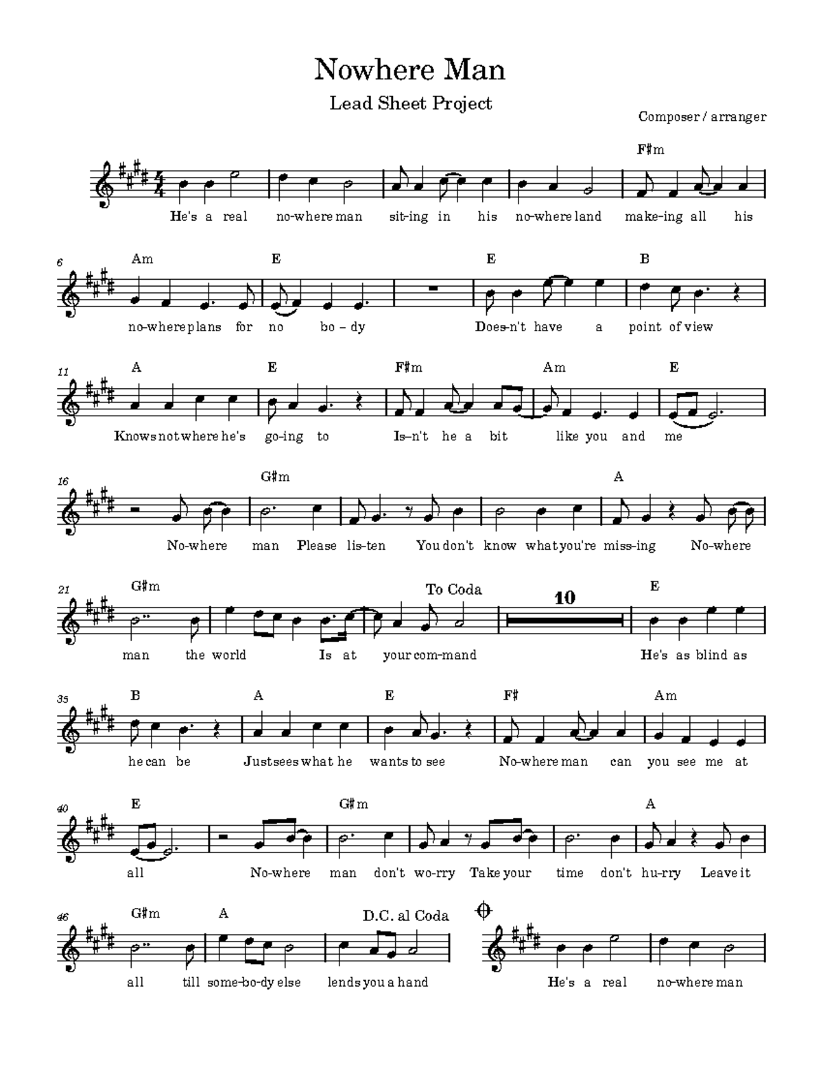 Nowhere Man - Lead Sheet Project - Nowhere Man Composer / arranger Lead ...