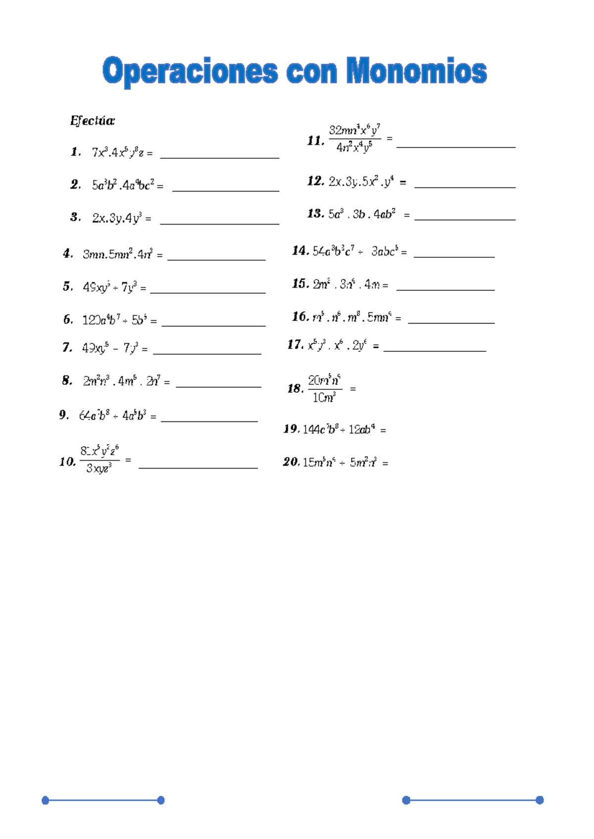Ejercicios de Operaciones con Monomios - Analisis Matematico Aplicado I ...