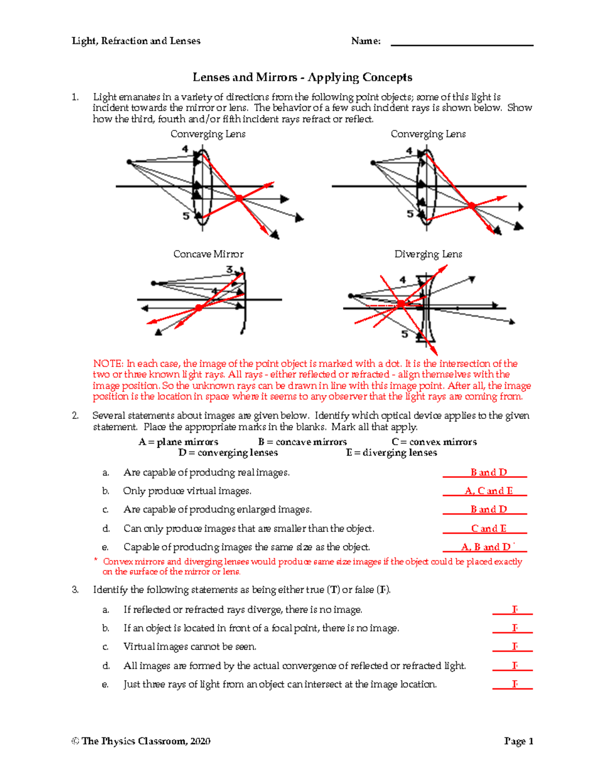 Ansrefrn 8 - XnxjndI’m - Light, Refraction and Lenses Name: © The ...
