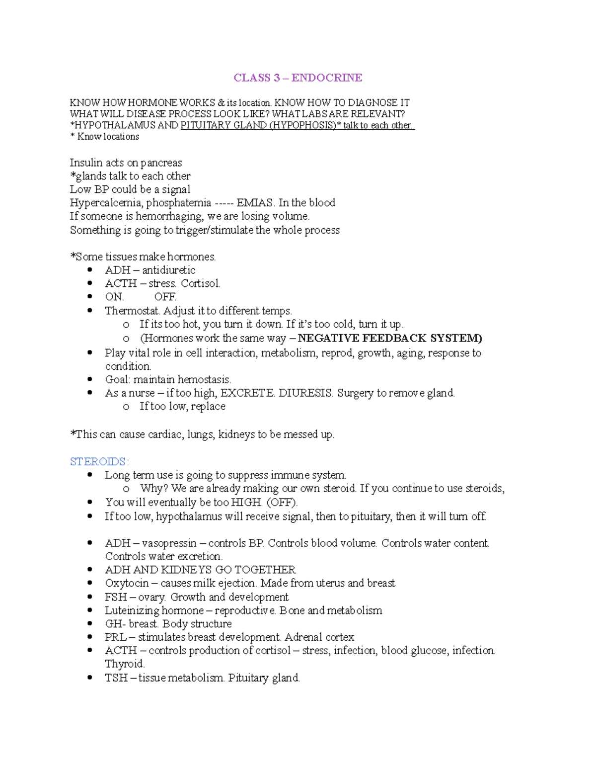 2280 Class 3 notes - endocrine system start - CLASS 3 – ENDOCRINE KNOW ...