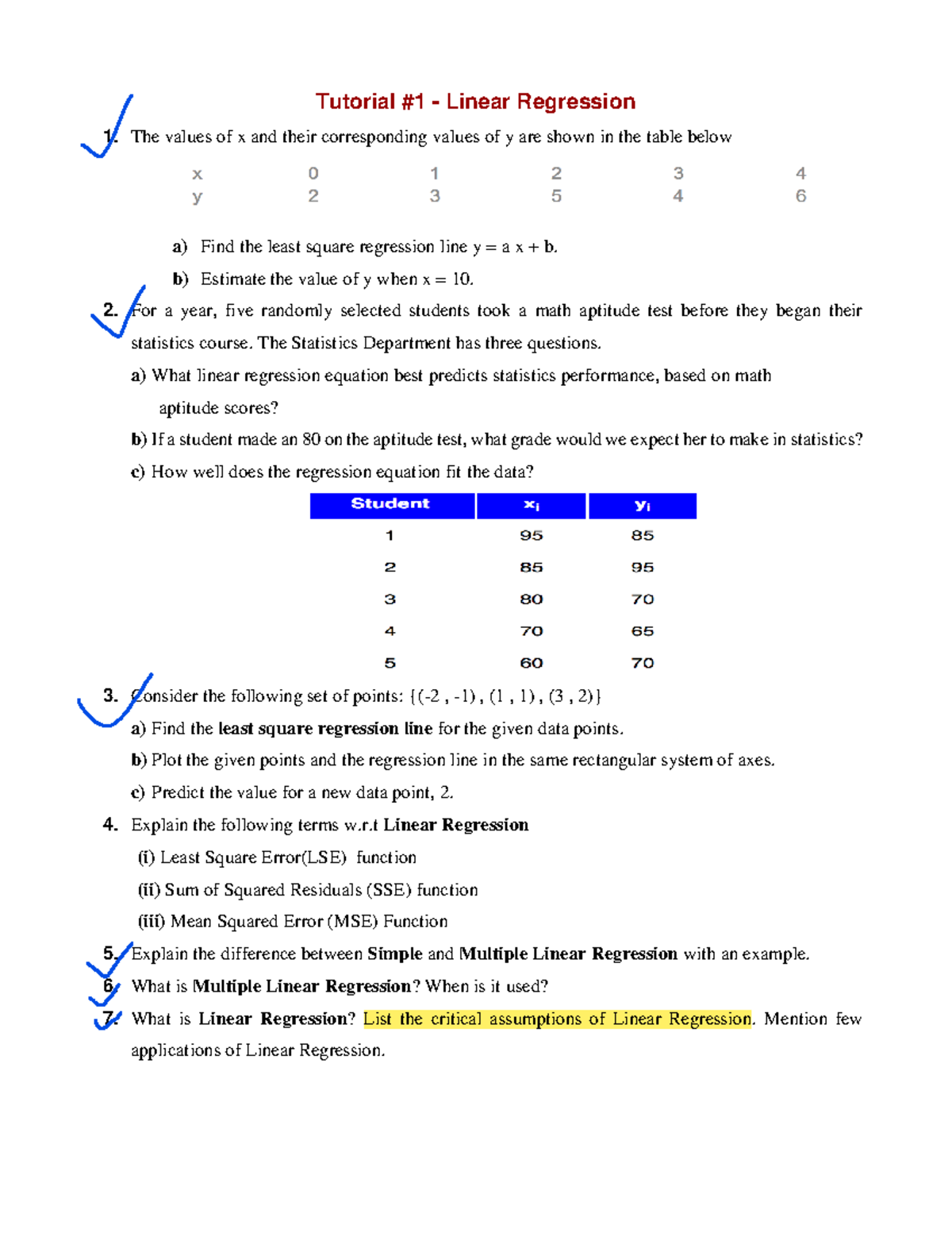 Tutorial Question - Ml notes - Tutorial #1 - Linear Regression 1. The ...