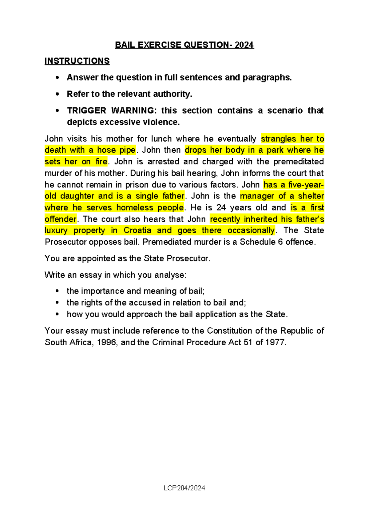 BAIL Exercise Question - BAIL EXERCISE QUESTION- 2024 INSTRUCTIONS ...