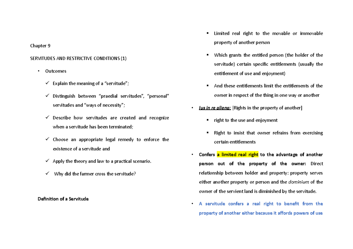 Servitudes Notes - Chapter 9 SERVITUDES AND RESTRICTIVE CONDITIONS (1 ...