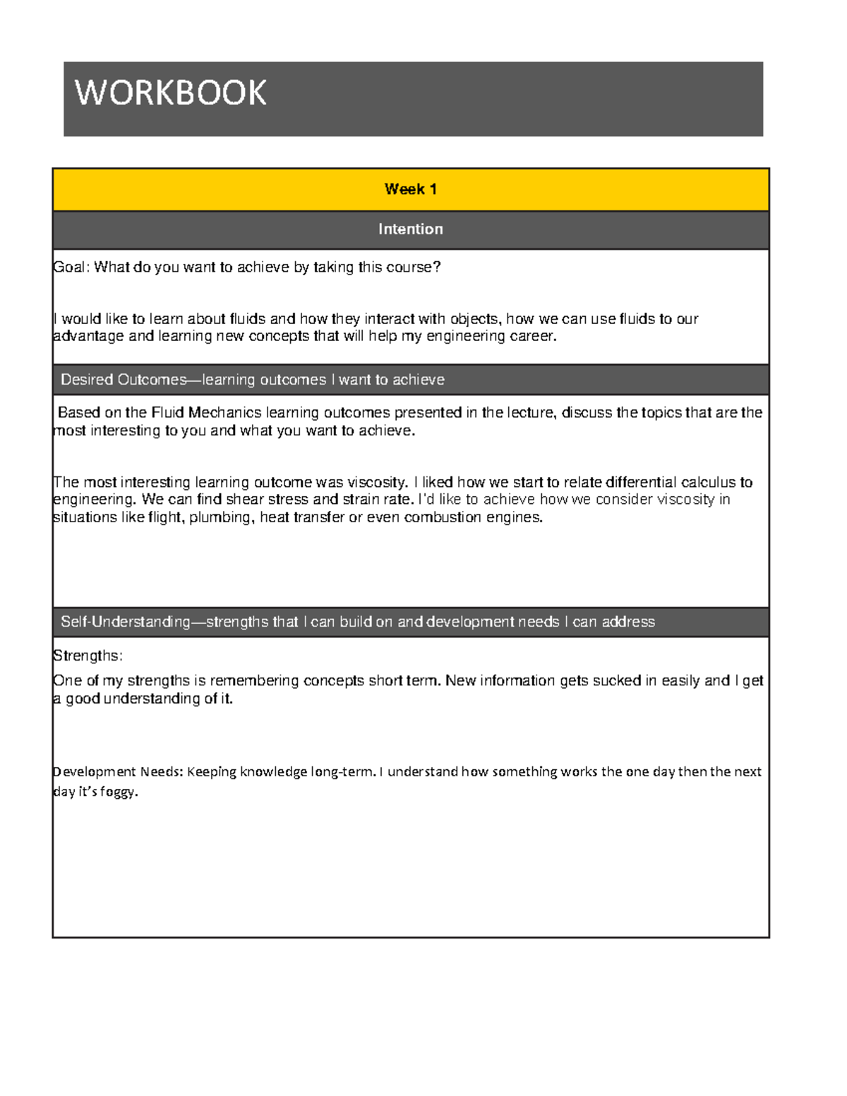 Workbook Week 1 - reflection - Week 1 Intention Goal: What do you want ...