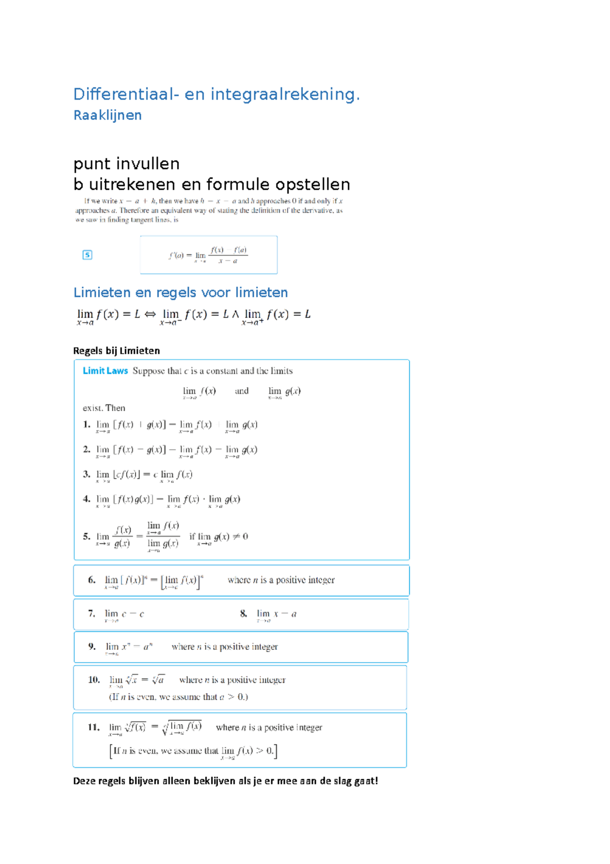 Samenvatting diffint - Differentiaal- en integraalrekening. Raaklijnen ...