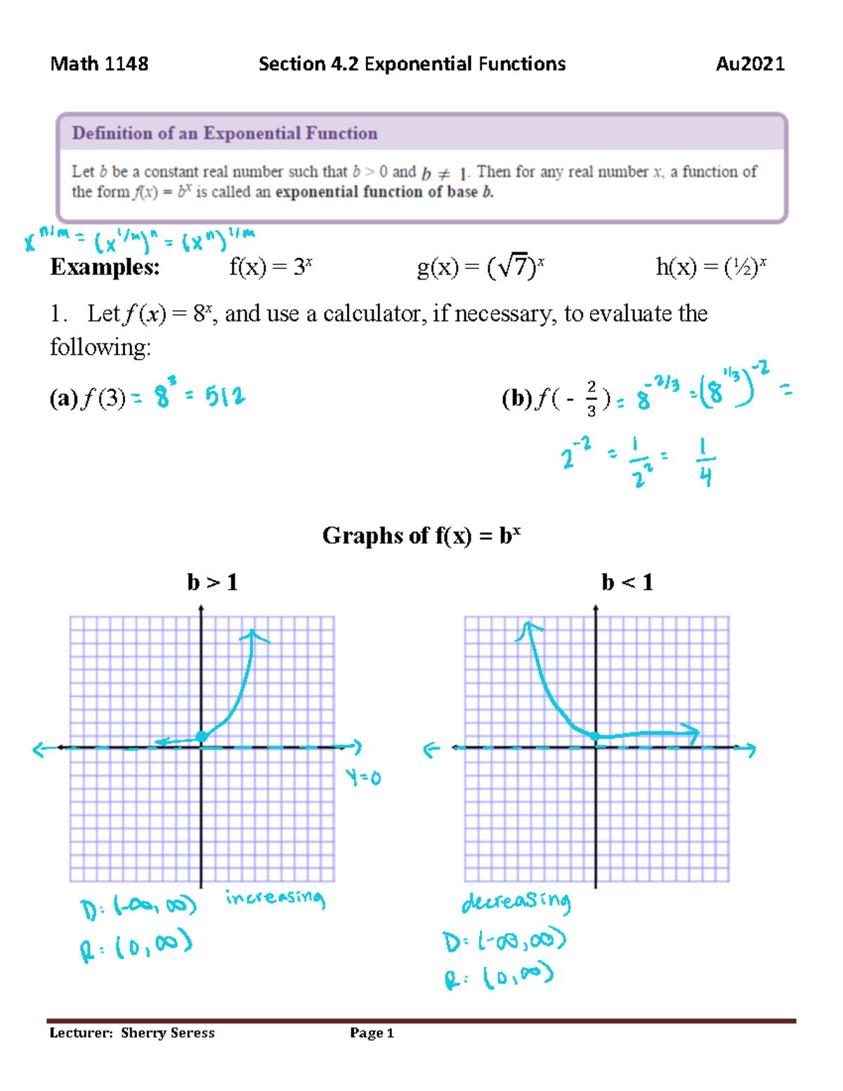 Section 4 - Examples: f(x) = 3 x g(x) = (¿7) x h(x) = (½) x 1. Let f ...
