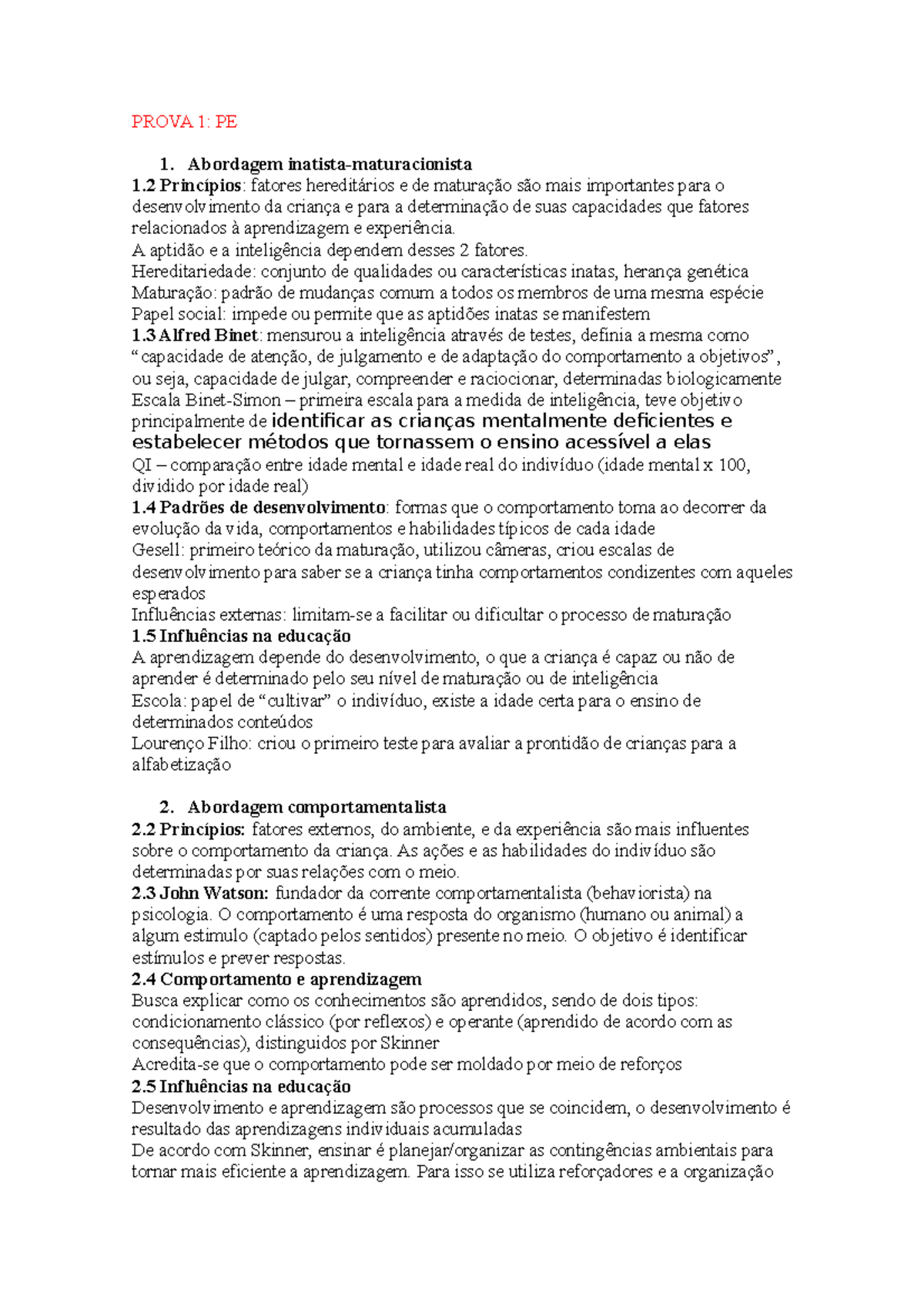 Principais correntes da educação - PROVA 1: PE 1. Abordagem inatista ...