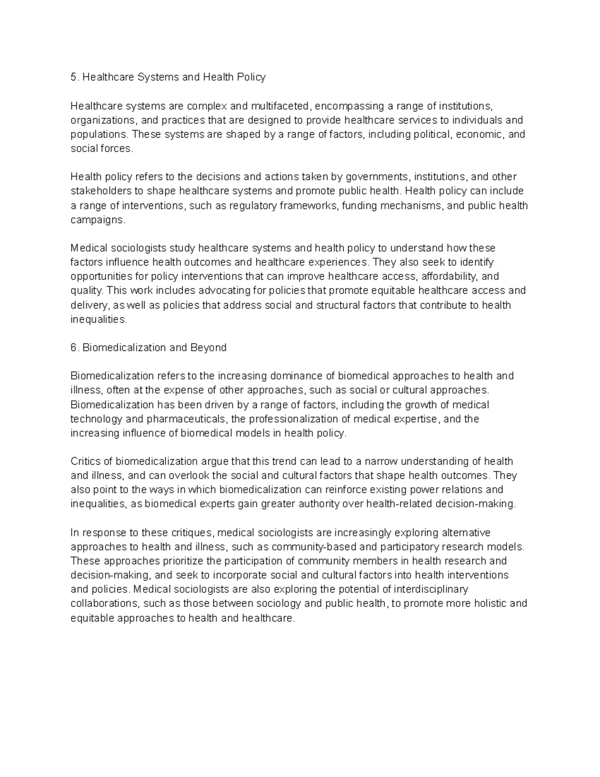 Medical Sociology 5-6 - Units 5 and 6 - Healthcare Systems and Health ...