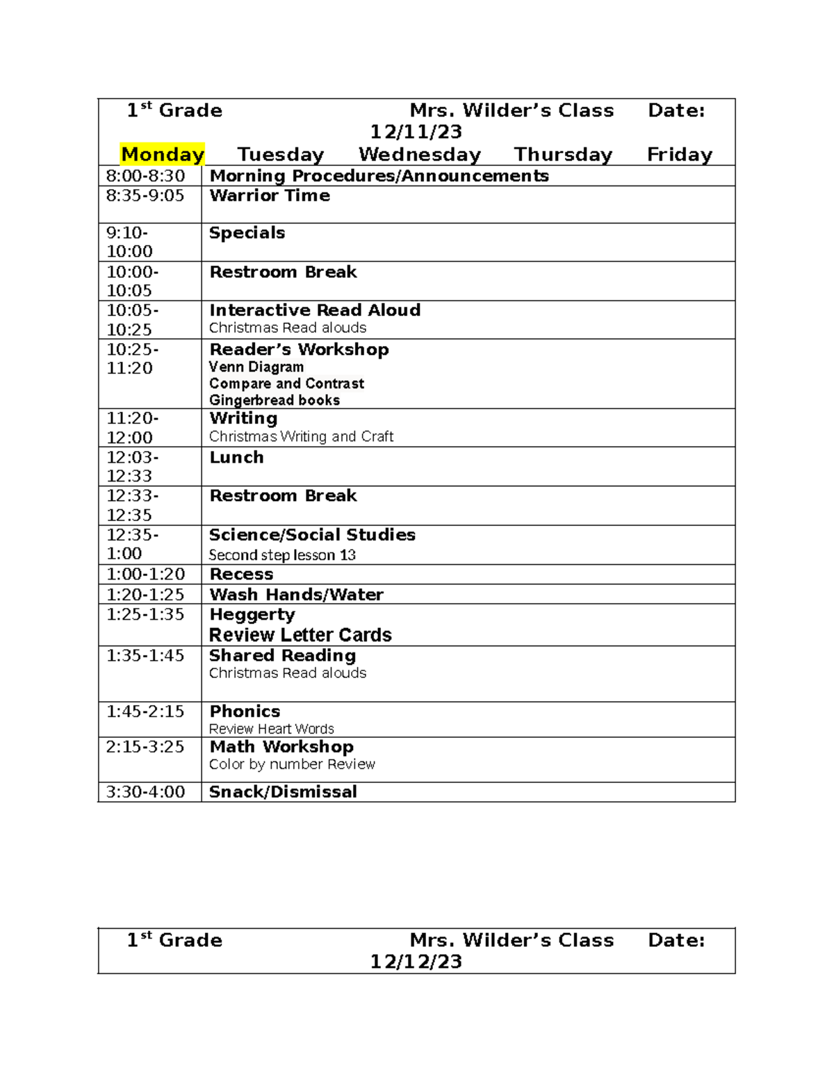 18-20 - LEsson Plan - 1 st Grade Mrs. Wilder’s Class Date: 12/11 ...